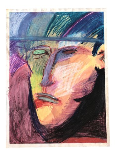 Dibujo de retrato abstracto en colores pastel original grande, años 70, papel en venta en Pamono