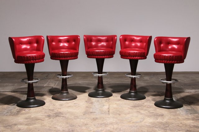Captains Bar Chairs with Red Leather Upholstery and Steel Bases, 1970 ...