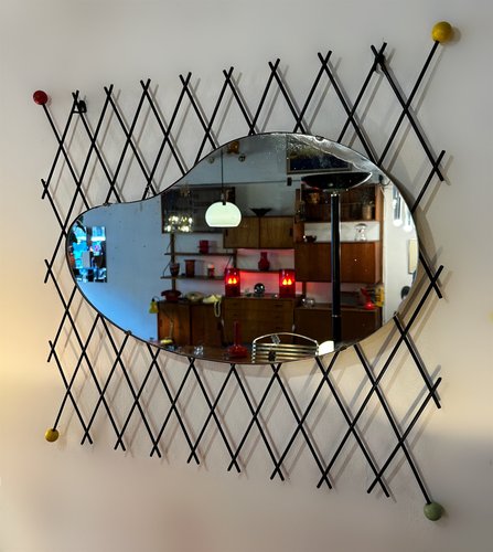 Mid-Century French Organic Shape Cross Hatch Iron Mirror, 1950 for sale ...