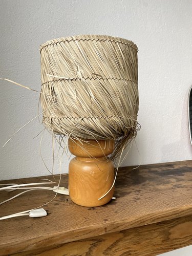 Vintage Wood and Straw Lamp, 1950s for sale at Pamono