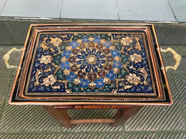 Handmade Inlaid Serving Tray with Handles for sale at Pamono