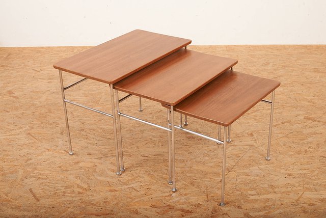 Nesting Tables with Chrome-Plated Metal Frames & Mahogany Shelves, Set ...