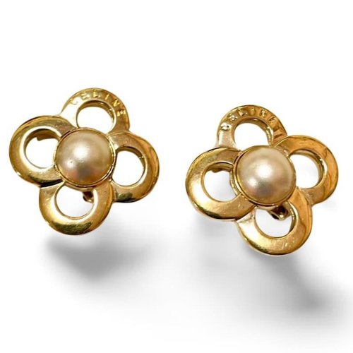 Vintage Golden Clover Flower Earrings with Faux Pearl from Celine, Set ...