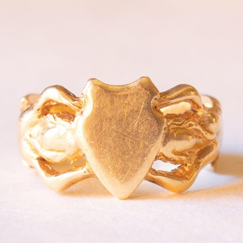 Vintage 18k Yellow Gold Ring Decorated with Shield and Two Mermaids ...