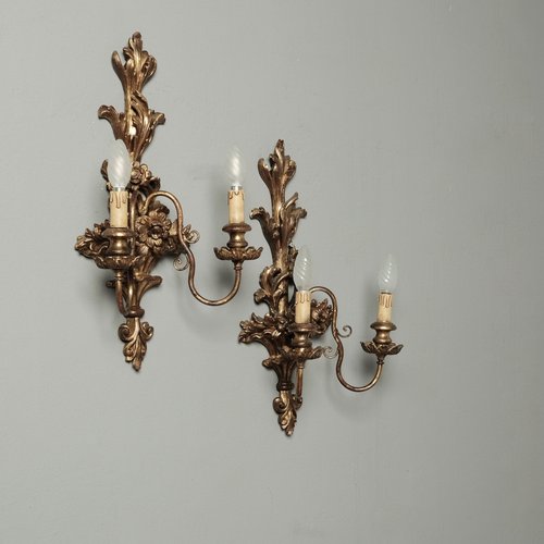 Baroque Sconces in Gilded Wood, 1960s, Set of 2 for sale at Pamono