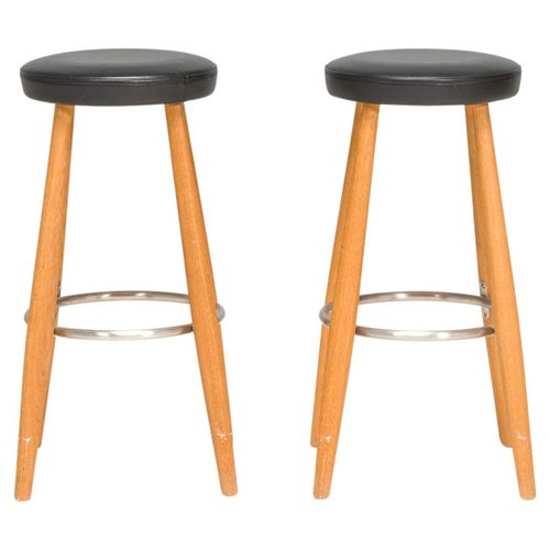 Black Leather & Oak CH56 Bar Stools attributed to Hans J Wegner for ...