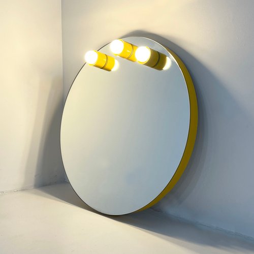 Yellow Vanity Round Mirror in Metal, 1970s for sale at Pamono