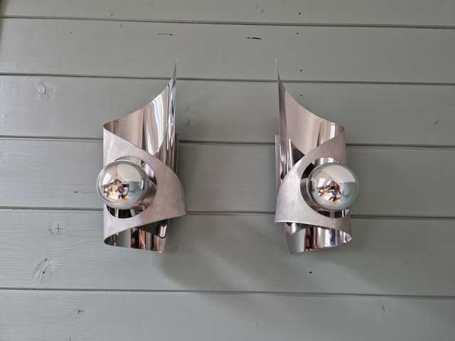 Brushed Aluminum Wall Lights, 1970s, Set of 2 for sale at Pamono