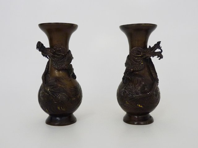 Antique Japanese Dragon Vases in Patinated Bronze, 1900 for sale at Pamono