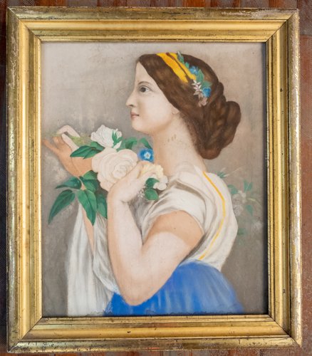 Mid-Century Modern Naive Portrait of a Lady, 1960s, Pastel, Framed for ...
