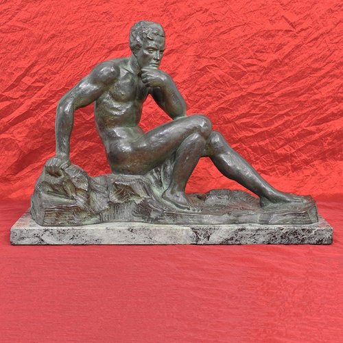 Art Deco Male Figure of Seated Man, 20th Century, Bronze for sale at Pamono
