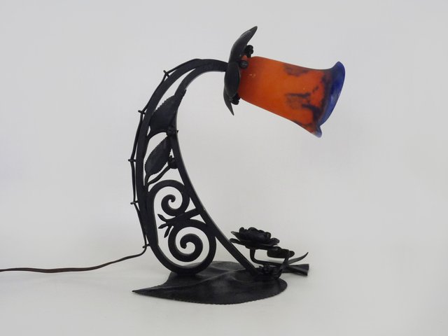 Art Deco Tulip Lamp Noverdy with Black Wrought Iron Base, 1930s for ...