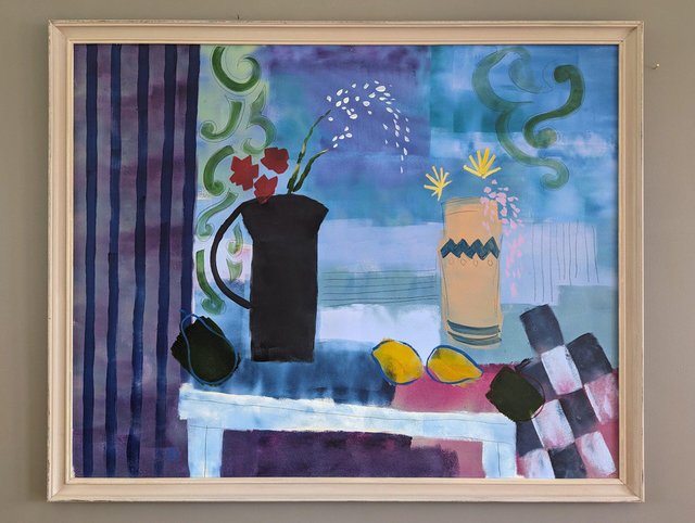 Flowers & Checkers, Oil Painting, 1950s, Framed for sale at Pamono