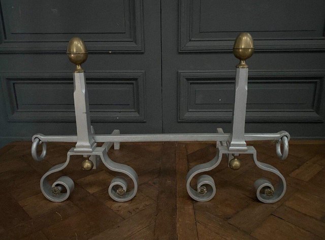 Grey Metal Andirons with Copper Bars, Set of 2 for sale at Pamono