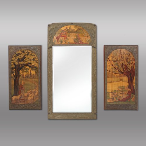 Jugendstil Triptychon mit Spiegel und Paneelen aus lackiertem Holz Intarsien, Frankreich, 1910 ...