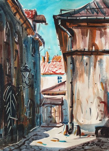 Janis Brekte, Sunny Day in Riga, Watercolor on Paper for sale at Pamono