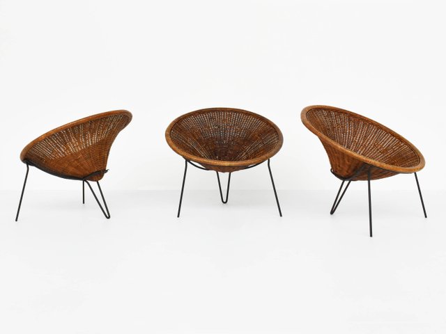Woven Rush Balloon Armchairs by Roberto Mango, Italy, 1950s, Set of 3 ...