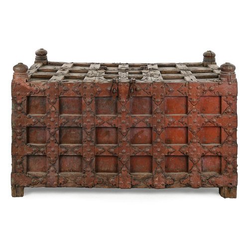 Large Wooden and Metal Chest with Red Patina for sale at Pamono