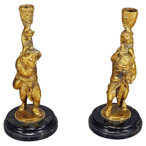 Victorian Casted and Gilded Iron Candle Stick with Bears, Set of 2 for ...