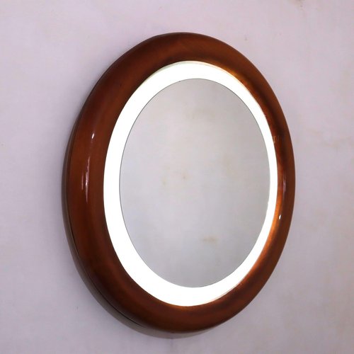 Round Backlit Mirror in Light Walnut, 1970s for sale at Pamono