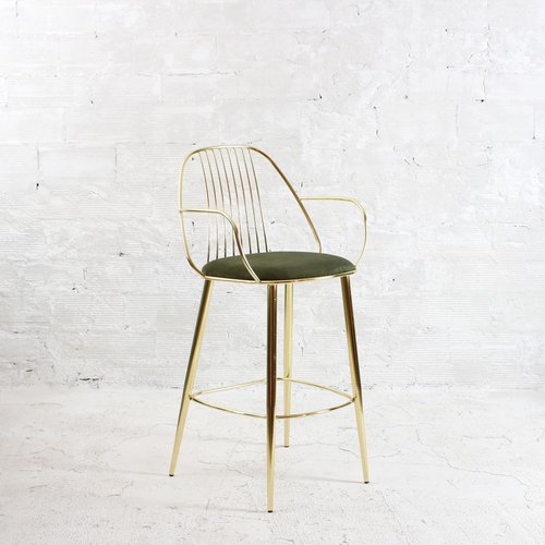 Golden Stool with Green Velvet Seat for sale at Pamono