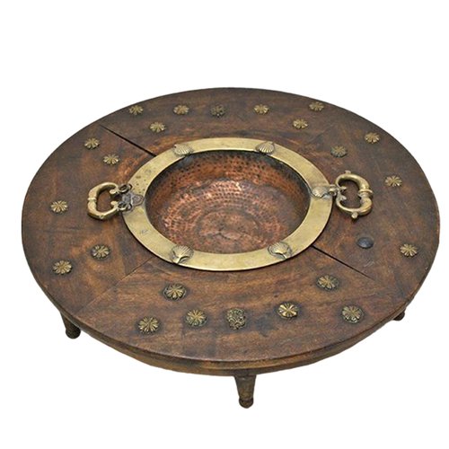 Antique Spanish Wood and Brass Brazier on Platform for sale at Pamono