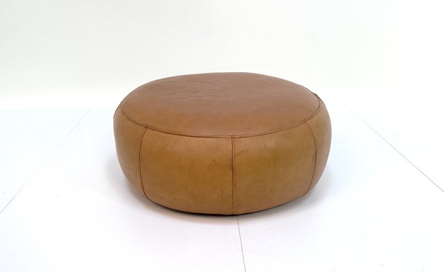 Large Round Leather Ottoman or Pouf, 1960s for sale at Pamono
