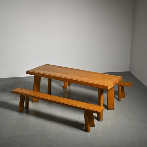 Dining Table and Benches in Larch Wood attributed to Christian Durupt ...