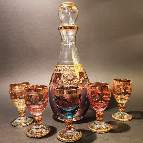 Baroque Venetian Bottle and Glasses in Glass with Gold Trim, Venice ...
