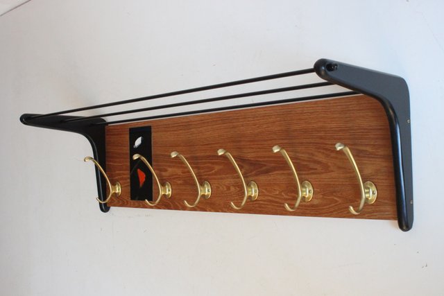 Brass and Teak Boomerang Coat Rack with Tile attributed to Alfred ...