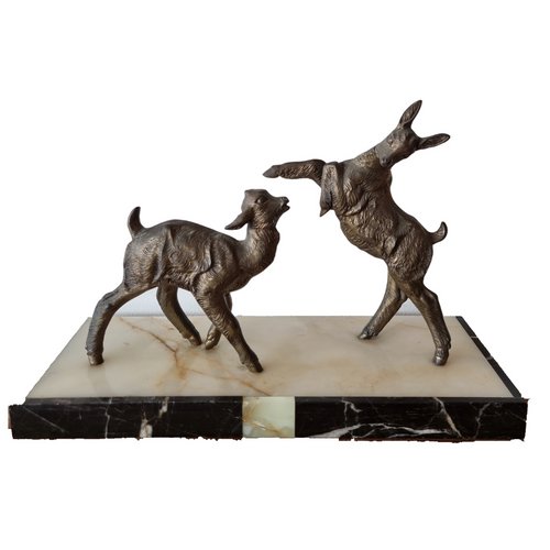 French Marble & Bronze Colored Statue of Goats by M. Leducg, 1920s for ...