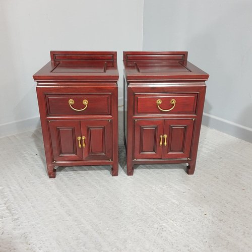Red Lacquered Oriental Bedside Cabinets Set of 2