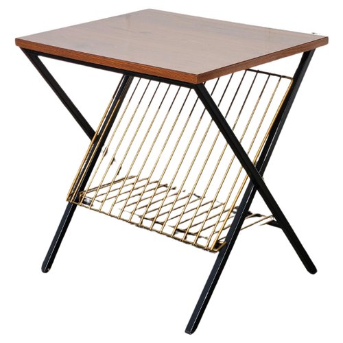 Mid-Century French Formica & Brass Side Table with Magazine Rack, 1960s ...