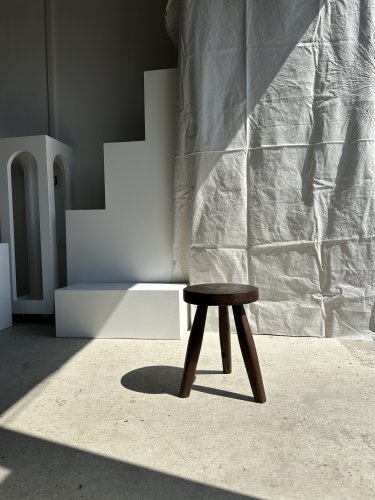 Small Brown Tripod Stool in Upcycled Teak with Flat Top for sale at Pamono