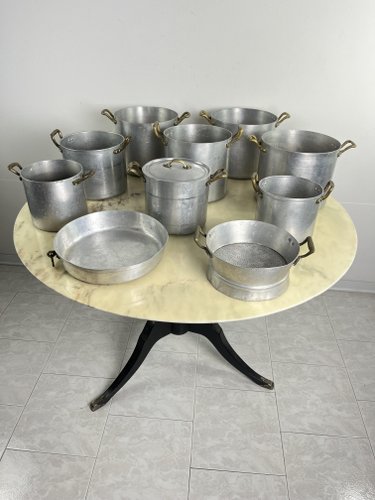 Mid-Century Aluminum and Brass Saucepans, Baking Tray and Sieve, 1940s ...