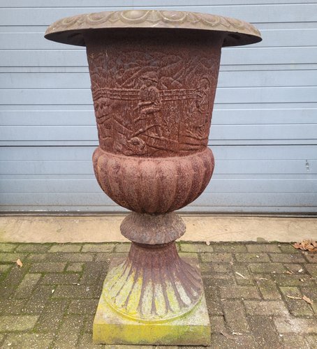 Large Antique Cast Iron Flower Pot with Relief for sale at Pamono