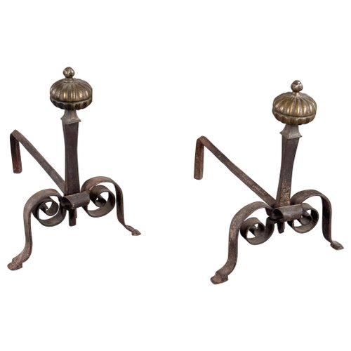 Antique Wrought Iron Andirons with Fluted Design and Bronze Finials ...