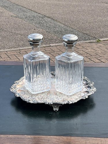 Large Glass Decanters with Silver Tray, Set of 3 for sale at Pamono