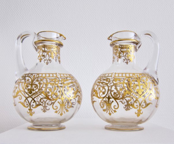 Arts and Crafts Gold Hand Painted Crystal Jugs by Cristalleries Saint ...