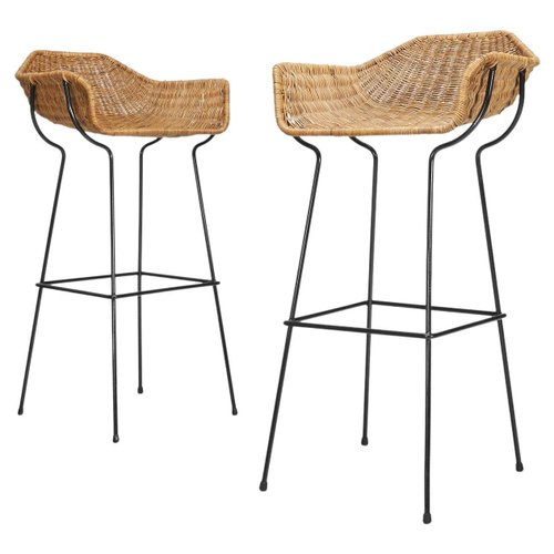 Metal and Wicker Bucket Stools, 1950, Set of 2 for sale at Pamono