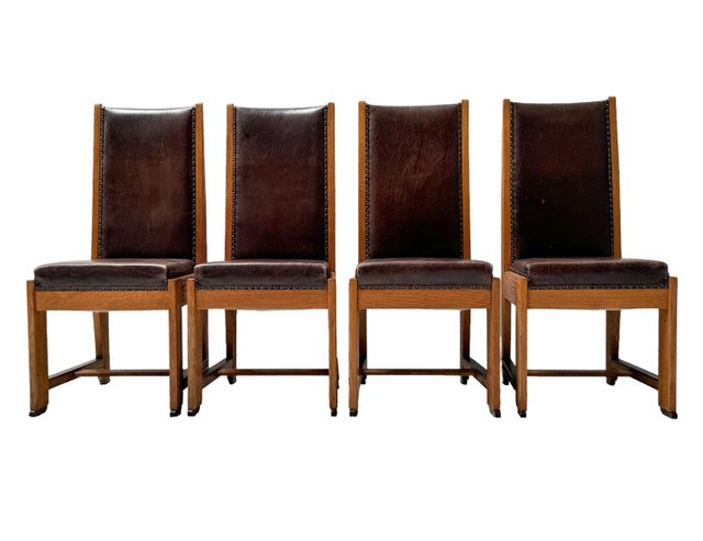 Art Deco High Back Chairs in Leather, 1920s, Set of 4 for sale at Pamono