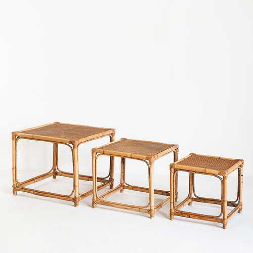 Vintage Cane Nesting Tables, 1960s, Set of 3 for sale at Pamono