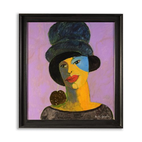 Jan Peter Van Opheusden, Lady with Hat, 1990s, Acrylic Painting for ...