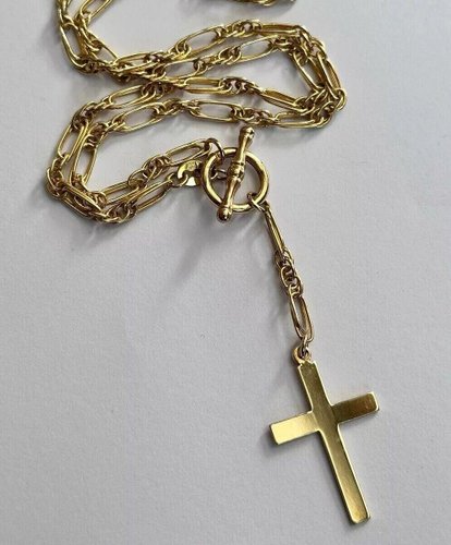 Vintage 9ct Gold Fob Chain T Bar Cross Crucifix Necklace for sale at Pamono