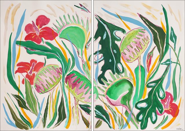 Romina Milano, Expressionist Illustration of Carnivorous Plant Garden Diptychon, Acryl auf ...