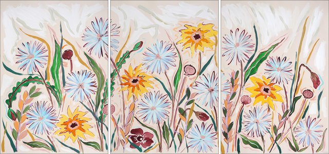 Romina Milano, Gelbes und Graues Löwenzahnfeld Triptychon, 2024, Acryl & Tinte auf Papier bei ...