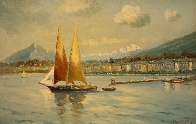 A. Carard, Sailboats on the Leman Lake, Oil on Canvas for sale at Pamono
