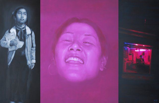 Wei Yi, Lin and Her Childhood, Large Oil on Canvas Triptych, 2008, Set ...