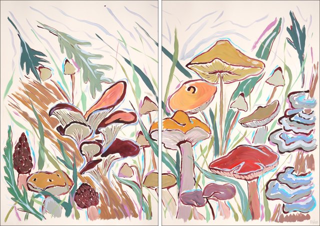 Romina Milano, Illustrations-Diptychon von Wild Mushroom Harvest, 2024, Acryl & Tinte auf Papier ...