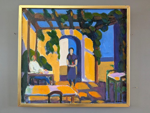 Sunlit Terrace Landscape, Oil Painting for sale at Pamono